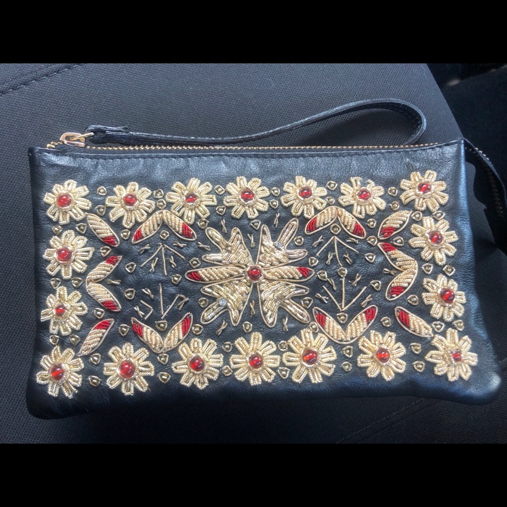 Rapsodia Black Leather Beaded Embroidery Clutch - Gem